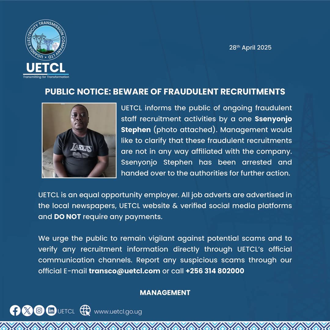 UETCL Warns Public Against Fraudulent Recruitment Scams
