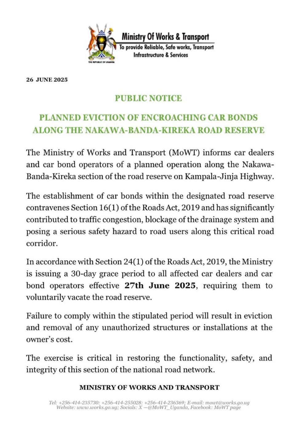 Govt to Evict Car Bonds Along Nakawa-Kireka Road Reserves