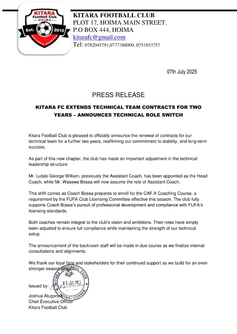 Kitara FC Extends Technical Team Contracts, Announces Leadership Reshuffle