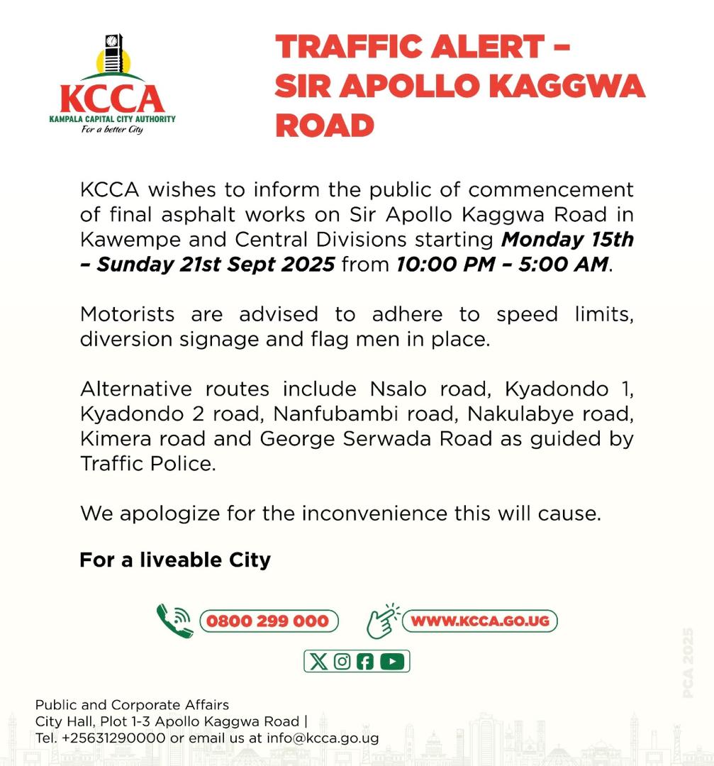 KCCA Commences Night Works on Sir Apollo Kaggwa Road